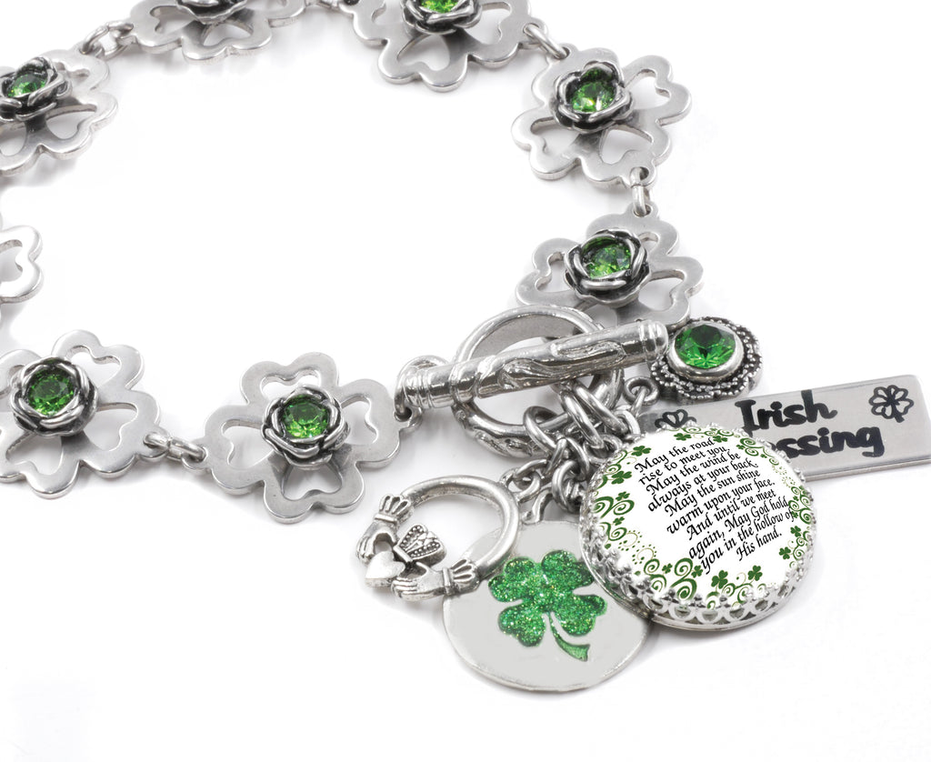 Irish Blessing Bracelet with Claddagh, Shamrock Bracelet and Four Leaf ...
